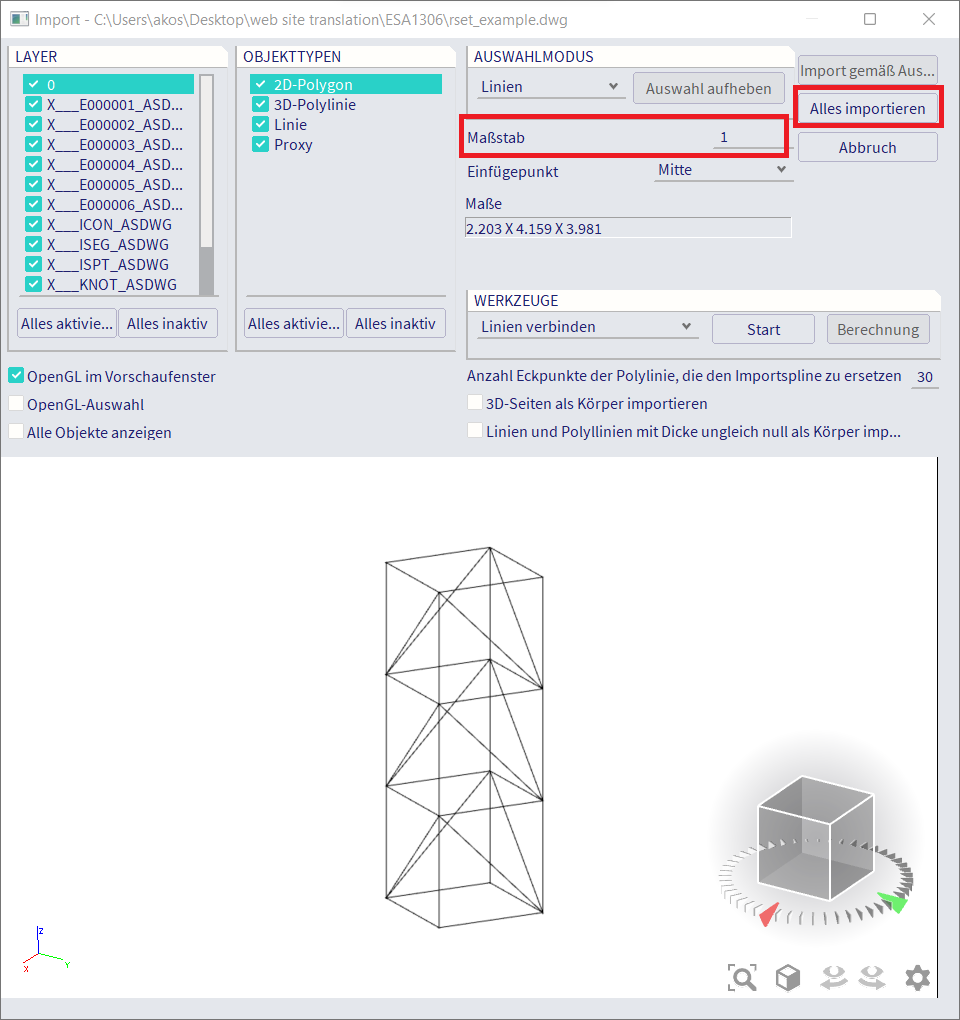 Projekt aus einer dxf/dwg-Datei importieren